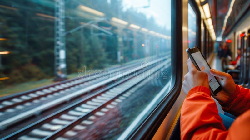 Commuter Using Smartphone on High-Speed Train. Generative Ai Stock ...