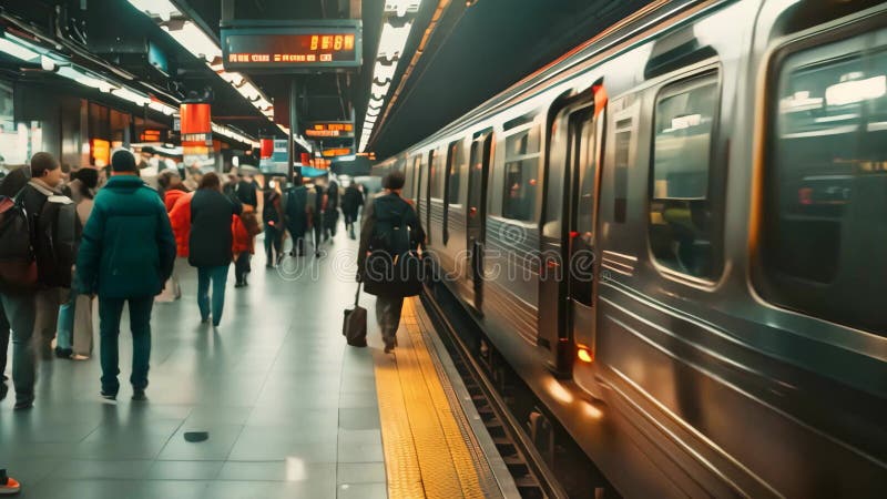 Commuters Rushing on a Crowded Subway Platform, Moving Towards Their ...