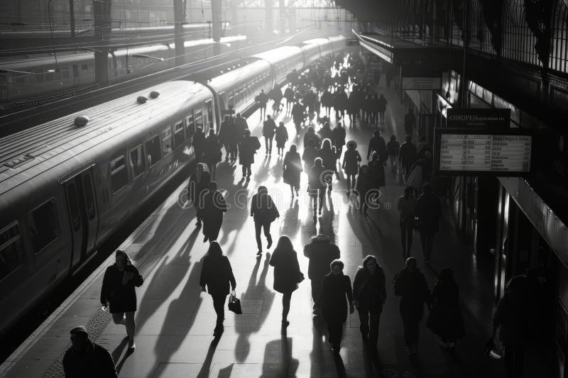 Commuters Rushing To Board Train at Busy Station Platform, Commuters ...