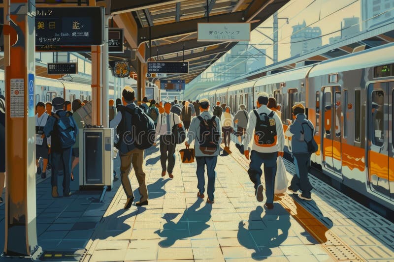 Commuters Rushing To Catch a Train on a Busy Station Platform ...