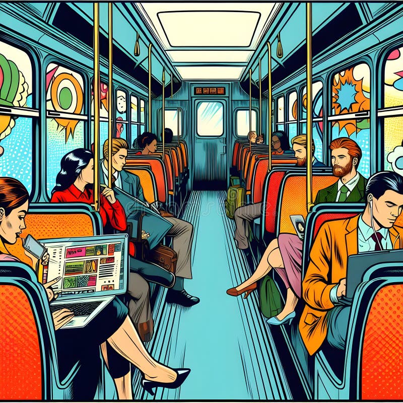 Commuters Using Laptops and Smartphones on a Bus Stock Illustration ...