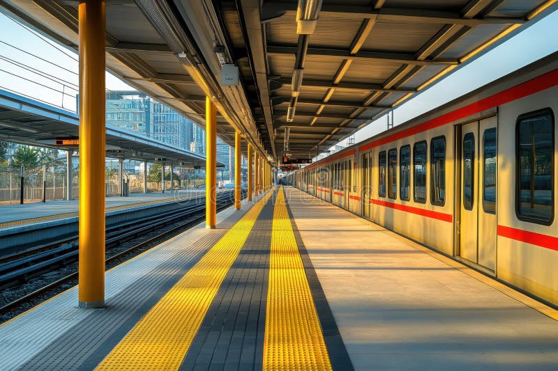 Commuters Waiting at a Modern Train Station during Morning Sunlight ...