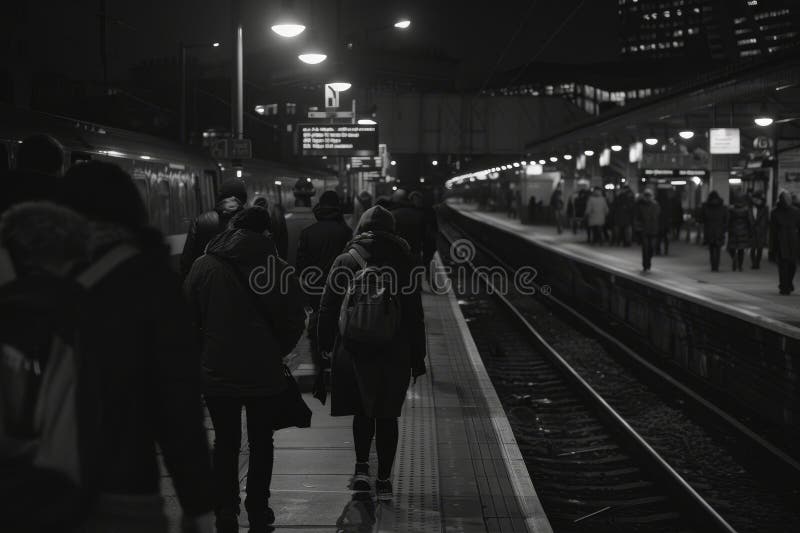 Commuters Walking on a Busy Train Platform at Night, Commuters Walking ...
