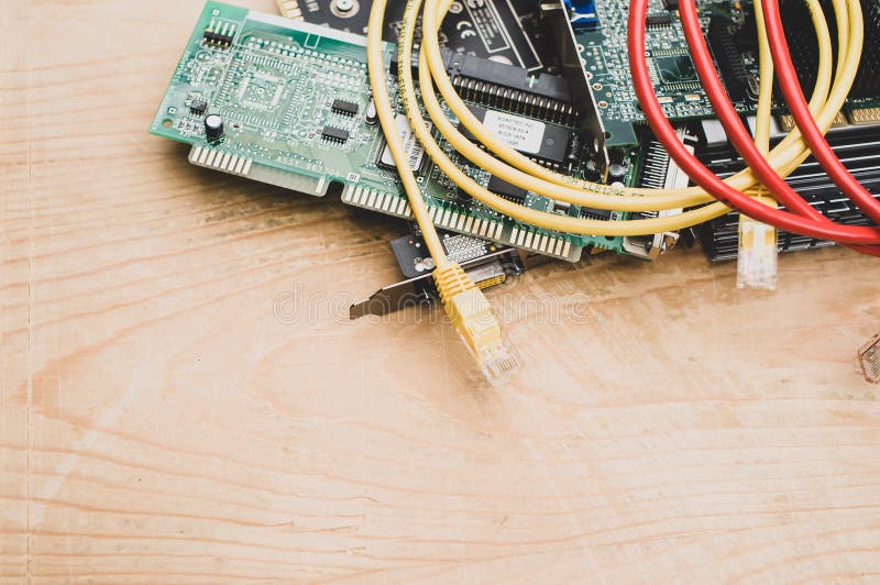 Cables Computer Devices and Peripherals Electronic Boards on a Wooden ...