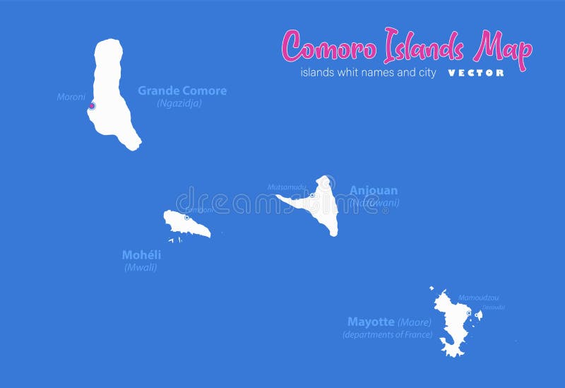 Comoro Islands Map, Island Whit Names and City, Blue Background Stock ...