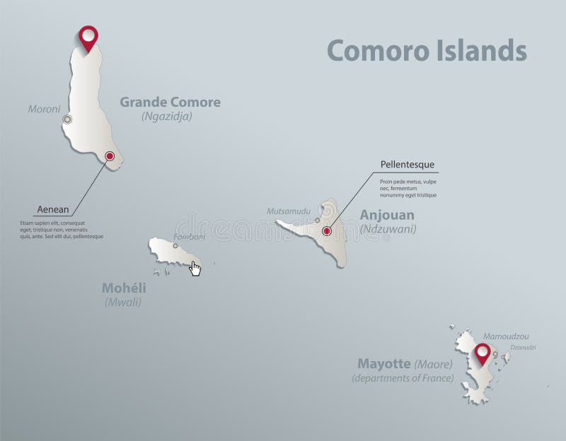 Comoro Islands Map and Names City, Blue White Card Paper 3D Stock ...