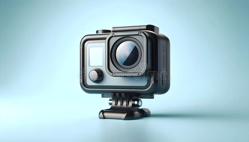 Compact Action Camera with Waterproof Case and Wide Lens on Soft Blue ...