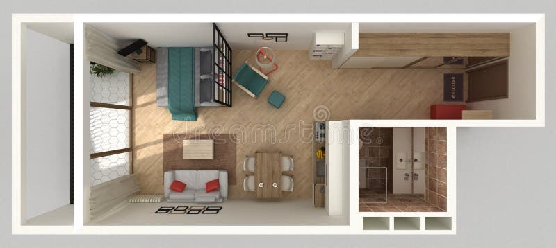 Compact Apartment Interior Top View Grid 3D Render Stock Illustration ...
