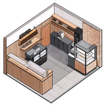 Compact Bakery Interior Layout with a Corner Display Case Holding ...