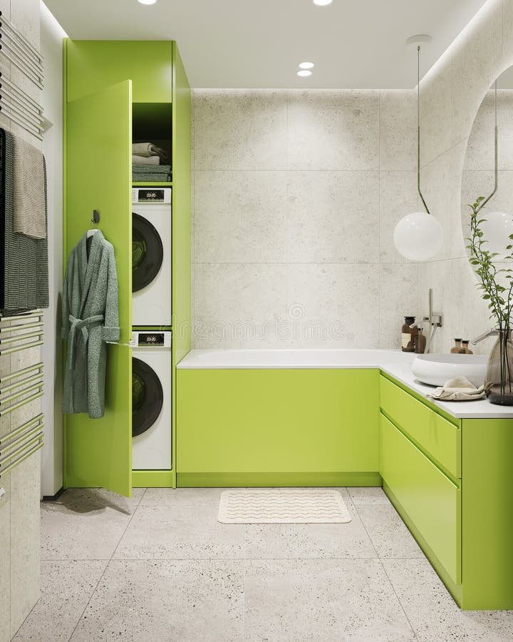 Compact Bathroom and Laundry Combo in Green Stock Illustration ...