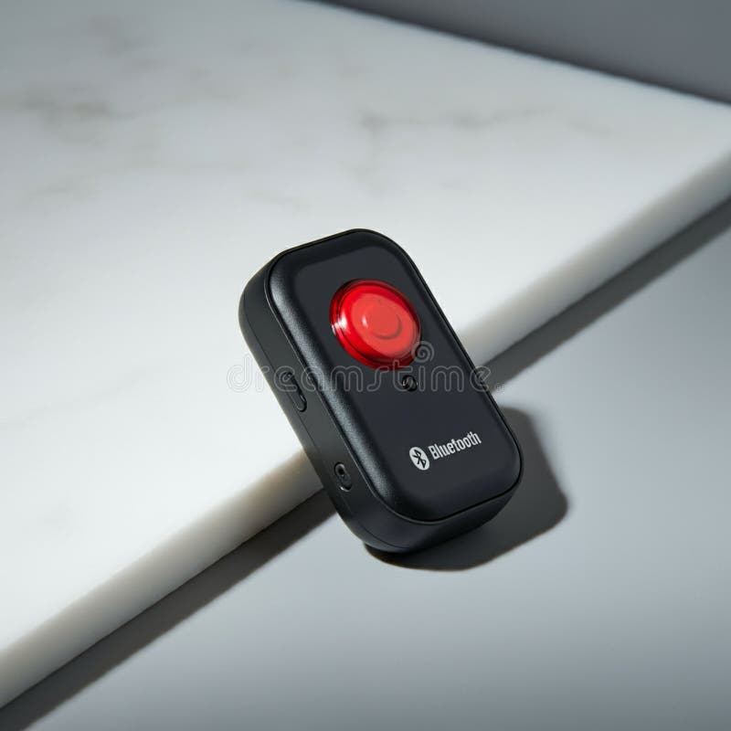 Compact Black Bluetooth Device with a Large Red Button, Set Against a ...