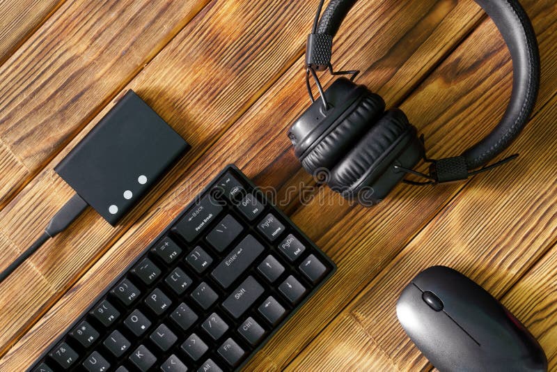 Compact Black Gaming Computer Keyboard, Headphones, External Ssd and ...
