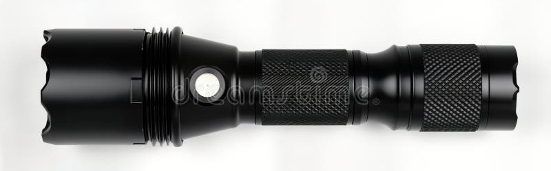 Compact Black LED Flashlight Isolated on White Background. High-tech ...