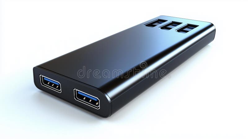 Photorealistic Image of a Compact Black Power Bank with USB Ports ...