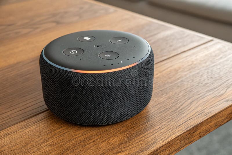 Compact Black Smart Speaker with Microphone and Audio Stock ...