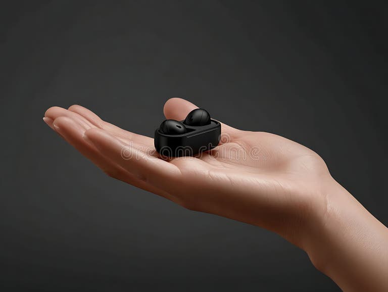 Compact Black Wireless Earbuds Displayed on Open Palm for Tech Stock ...