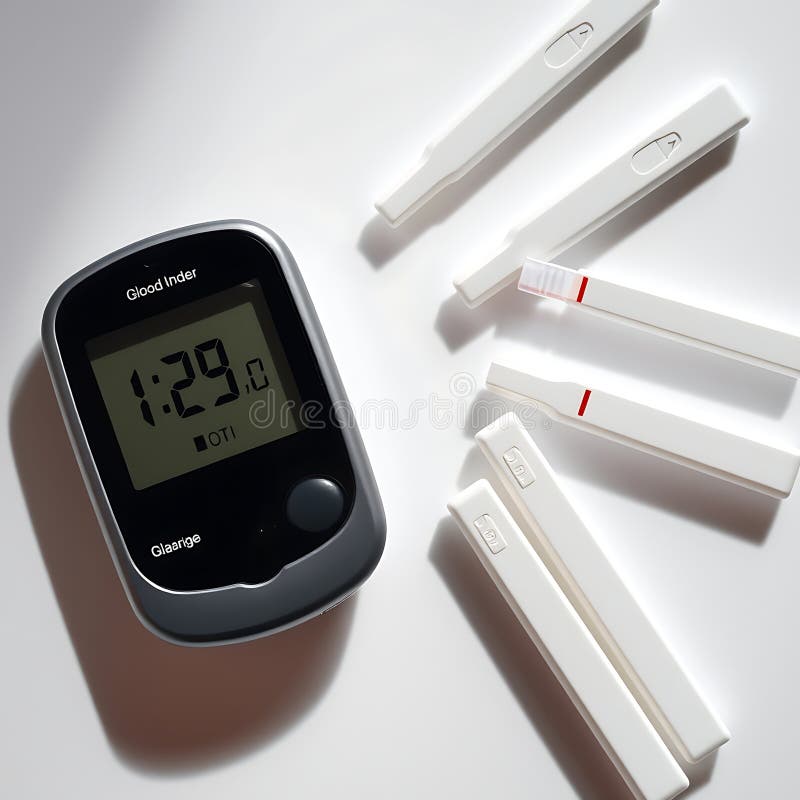 A Compact Blood Glucose Meter with Display and Test Strips Arranged on ...