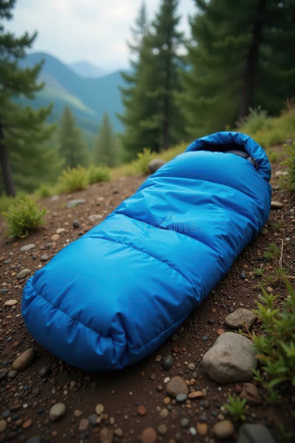 Compact Blue Sleeping Bag, Ready for Adventure, Packed Bag, Night, Cozy ...