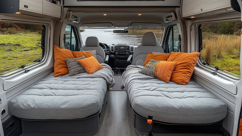 Compact Camper Van Interior with Comfortable Beds and Seating Stock ...