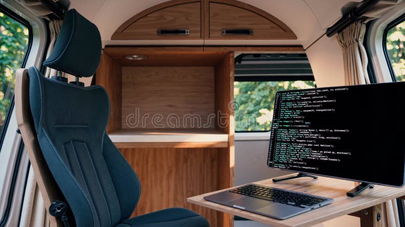 Compact Camper Van Workspace Showcasing Modern Digital Nomad Lifestyle ...