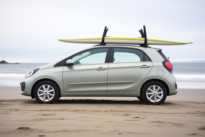 Compact Car with Soft Rack for Surfboards, Parked at Beach Stock Photo ...