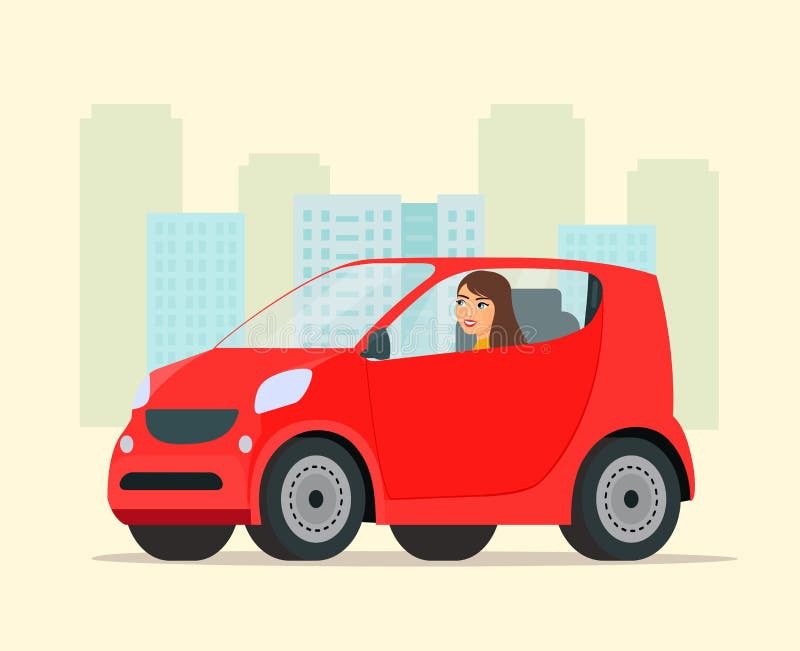 Compact City Red Car with Driver Woman Side View. Stock Illustration ...