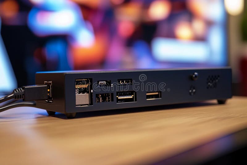 Compact Computing Device with Multiple Ports Displayed on a Wooden Desk ...