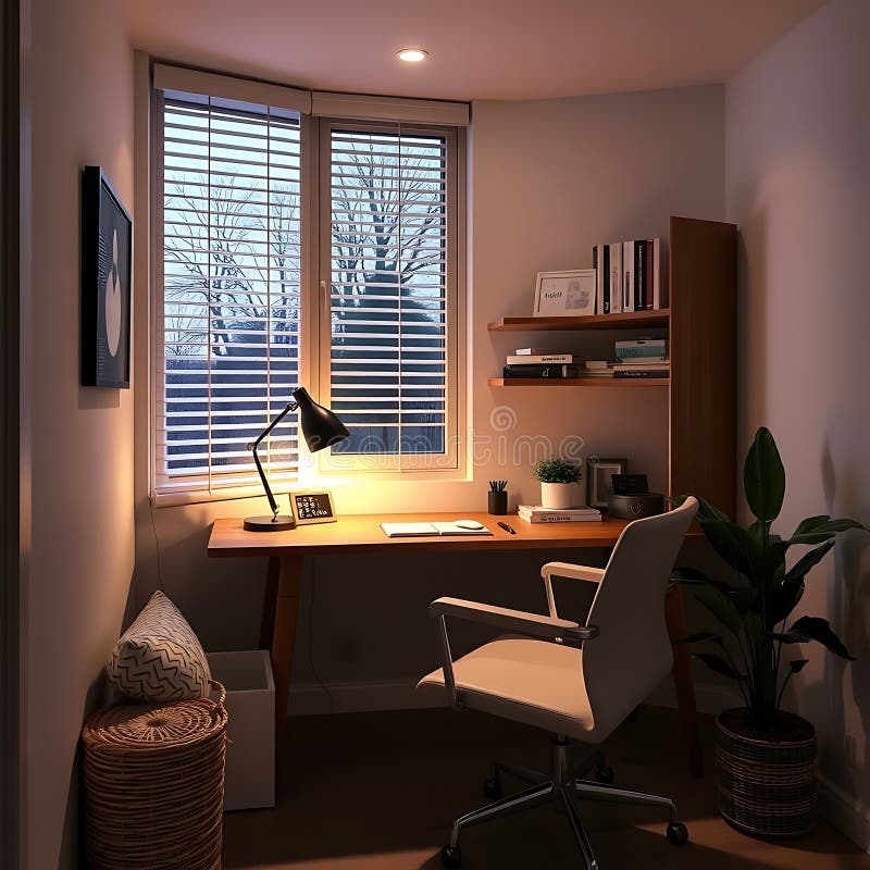 Compact Corner Desk in a Cozy Nook with Ambient Lighting Stock ...