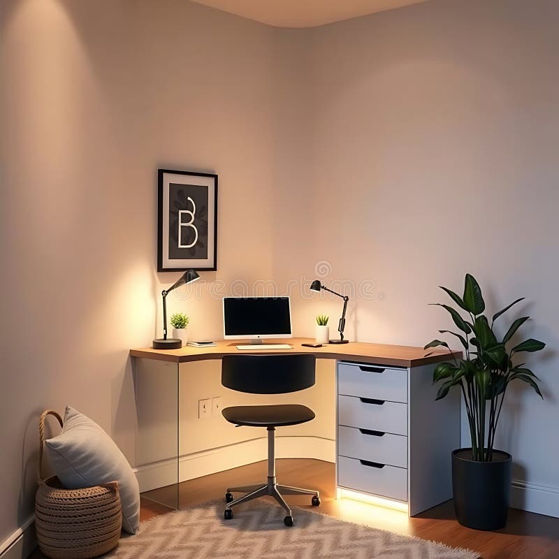 Compact Corner Desk in a Cozy Nook with Ambient Lighting Stock Illustration - Illustration of ...
