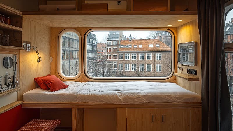 Compact, Cozy Bedroom with City View Stock Illustration - Illustration ...