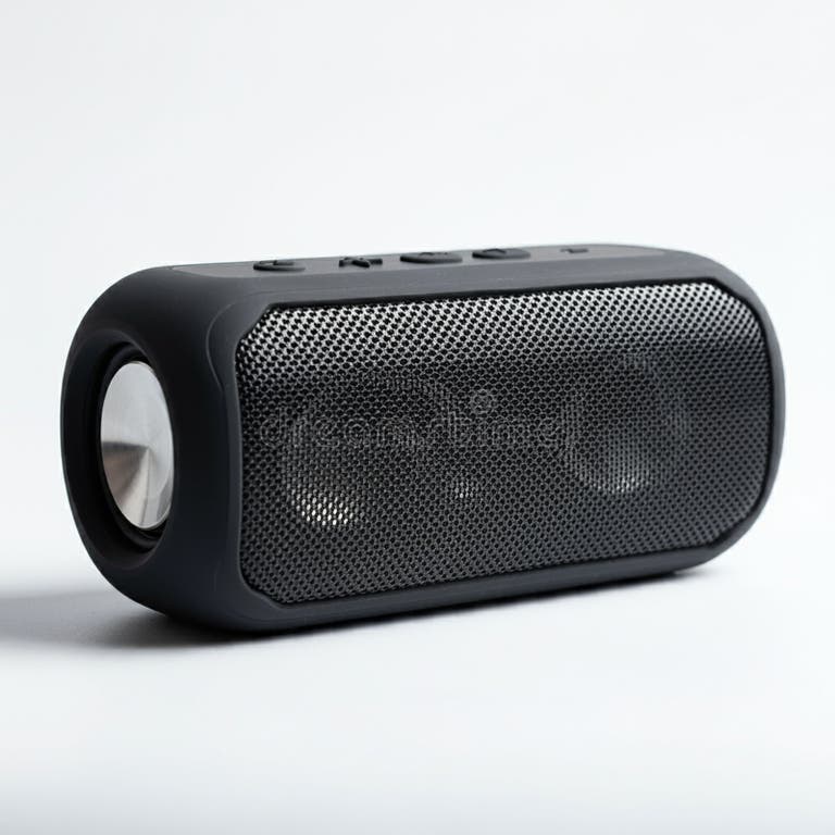 A Compact, Cylindrical Black Bluetooth Speaker Featuring a Metal Mesh ...