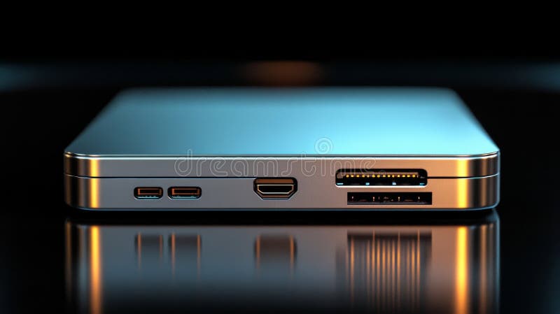 Compact Device Showcasing Multiple Ports for Connectivity in a Dark ...