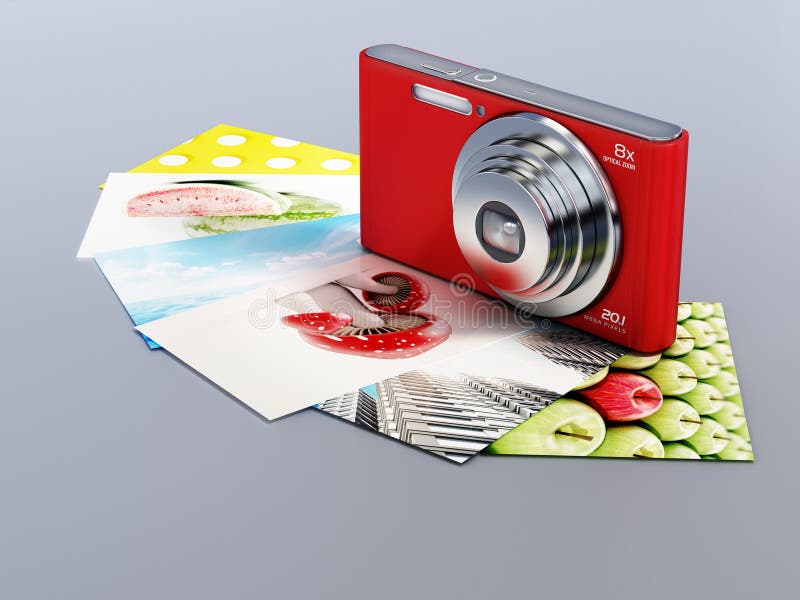 Compact Digital Camera and Photos Isolated on Gray Background. 3D ...