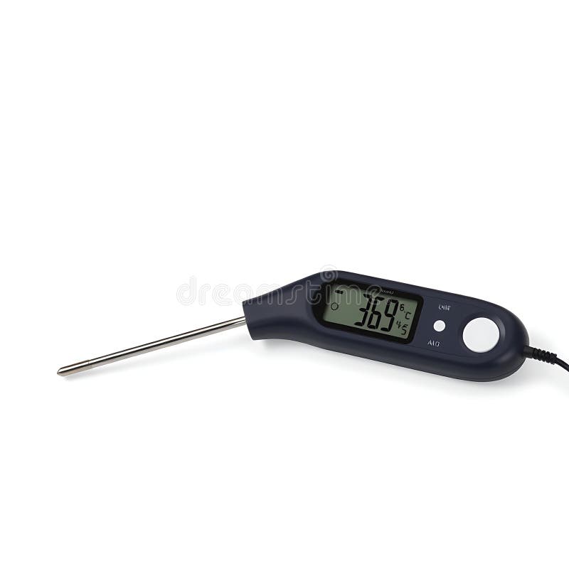 A Compact Digital Thermometer with a Flexible Tip Displayed on a White ...