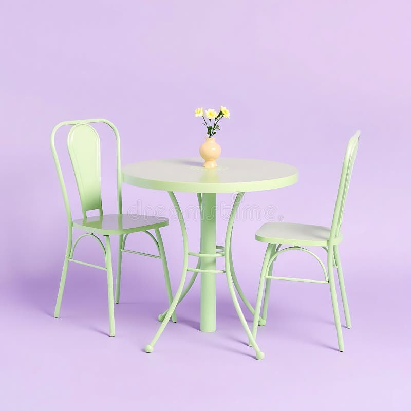 A Compact Dining Set with a Pastel Green Table and Matching Chairs on a ...
