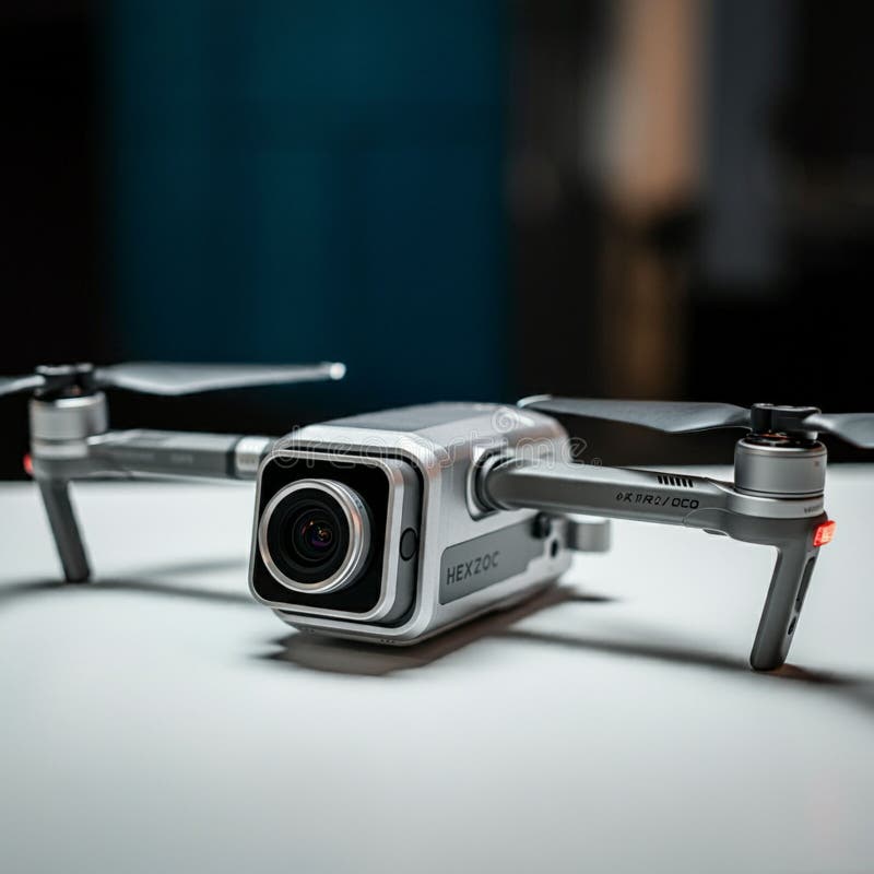 Compact Drone with a Sleek Design, Featuring a Central Camera Lens ...