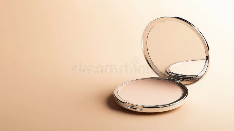 Face Powder Compact Floating on Beige Background with Open Mirror Stock ...