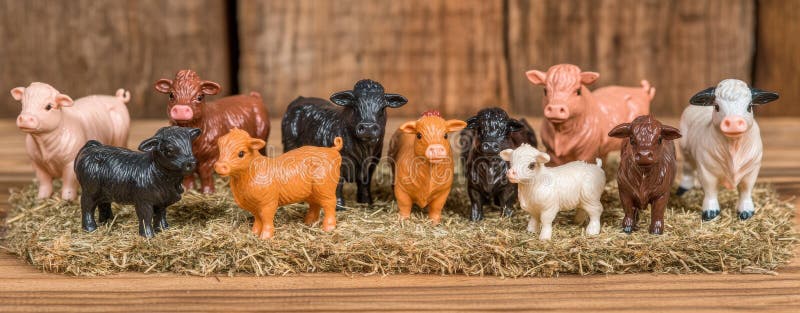 A Compact Farm Display with a Diverse Group of Animals on Hay Stock ...