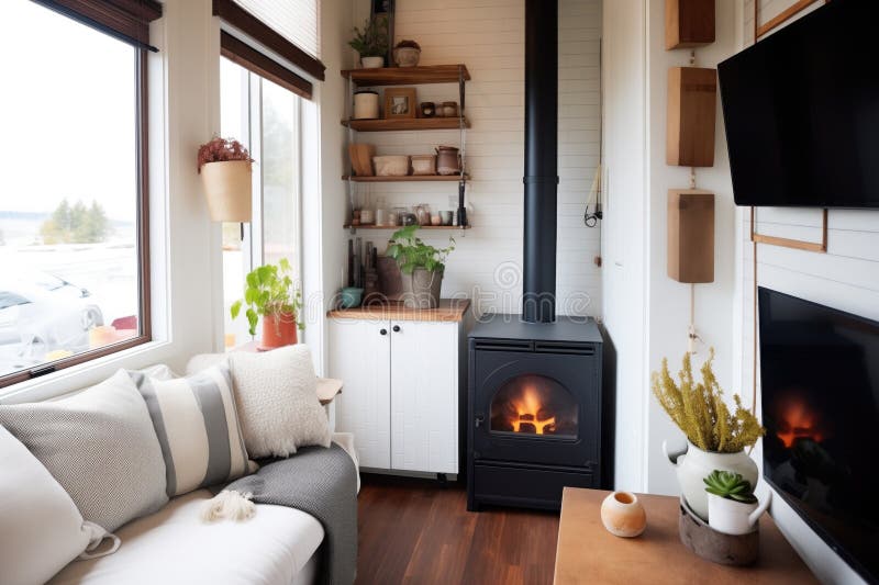 Compact Fireplace in a Cozy Tiny House Living Room Stock Photo - Image ...