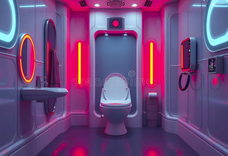 Compact, Futuristic Restroom in a Spaceship with Neon Lighting Stock ...