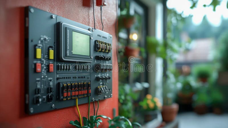 A Compact Home Electrical Panel on a Red Wall Surrounded by Lush ...
