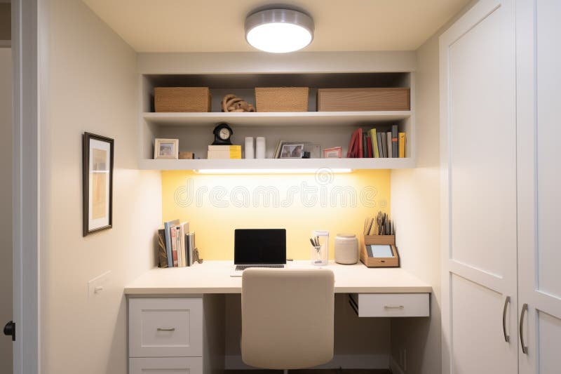Compact Home Office in a Closet with Led Lights Stock Photo - Image of ...