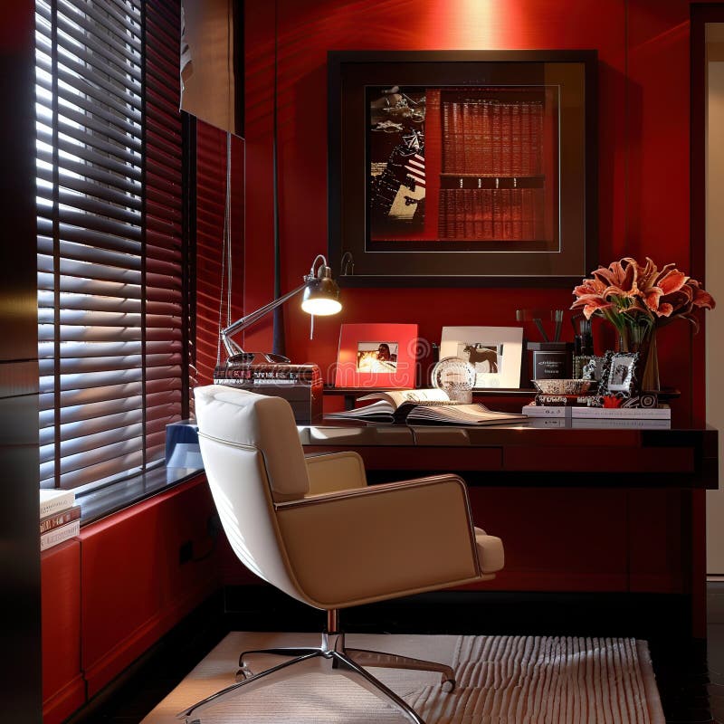 Compact Home Office with Floating Desk and Bold Red Wall Stock ...