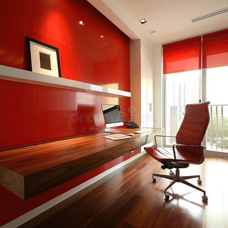 Compact Home Office with Floating Desk and Bold Red Wall Stock ...