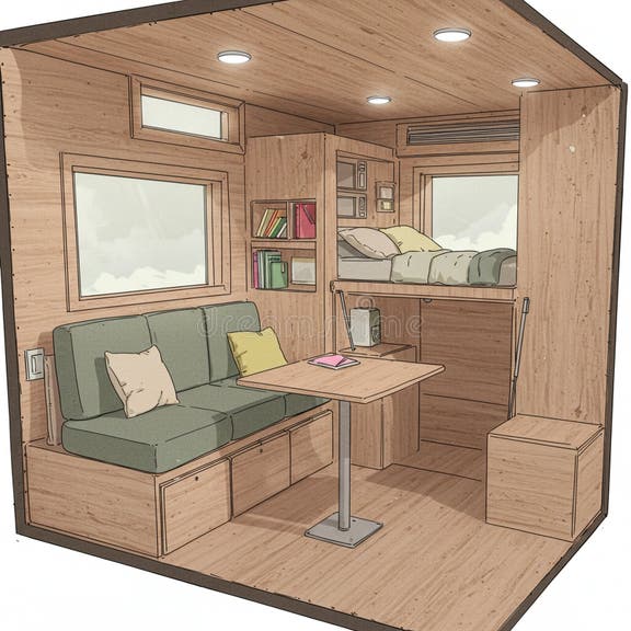 Compact Interior Design Featuring a Wooden Tiny House Setup. Includes a ...