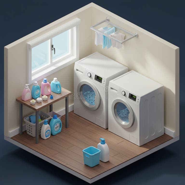 Compact Laundry Room Scene with Two Front-loading Washing Machines ...