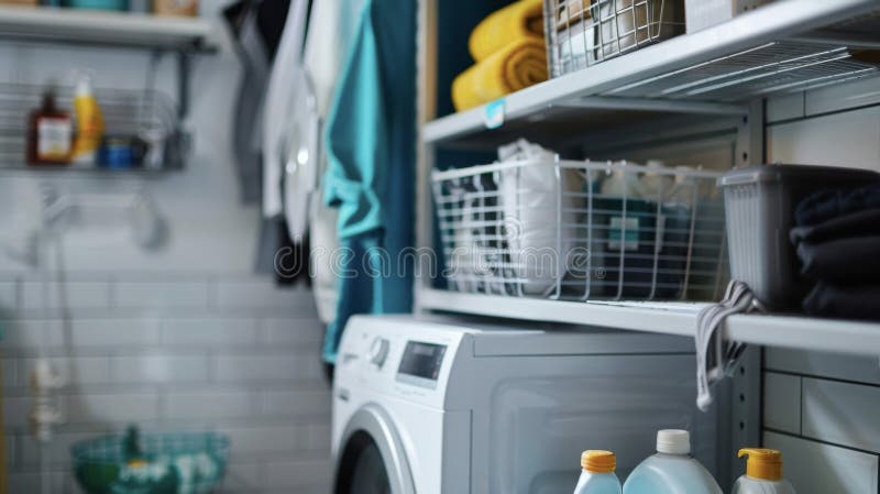 A Compact Laundry Room with Smart Storage Solutions Such As Hanging ...