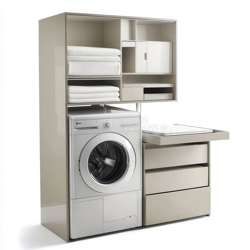 A Compact Laundry Unit with Storage Shelves and a Washing Machine Stock ...