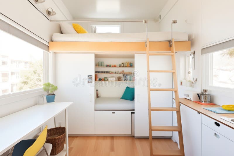 Compact Loft Bed in a Minimalist Tiny Home Interior Stock Image - Image ...