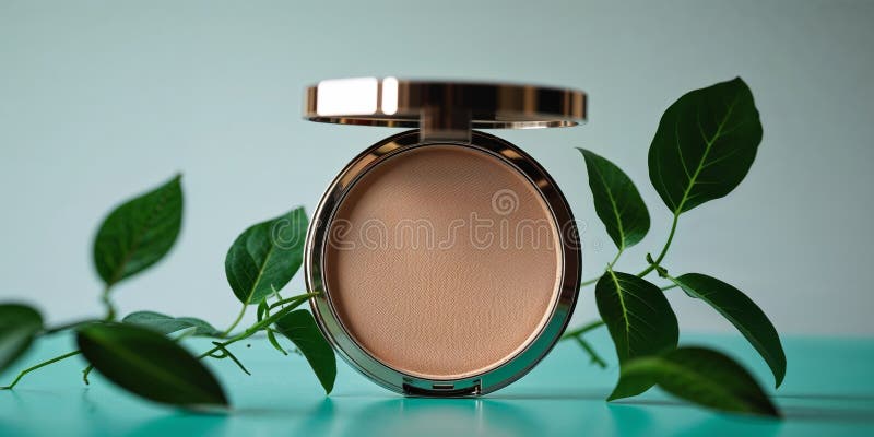 Compact Makeup Powder on Bright Turquoise Surface with Foliage. Stock ...
